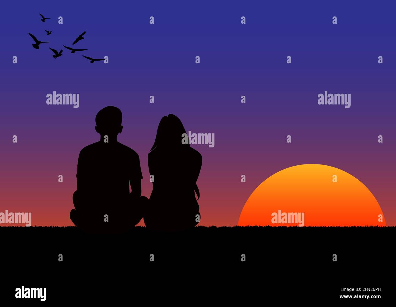 graphics drawing couple boy and girl sit with sunset or sunrise ...