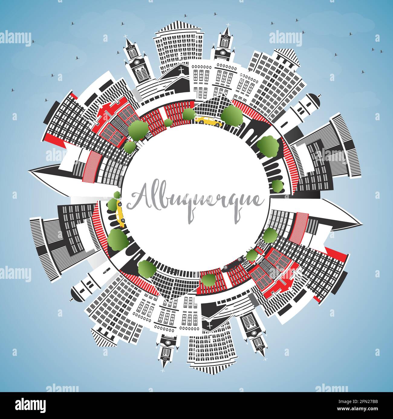Albuquerque New Mexico City Skyline with Color Buildings, Blue Sky and ...