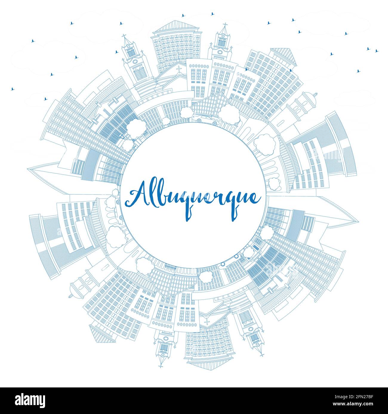 Outline Albuquerque New Mexico City Skyline with Blue Buildings and ...