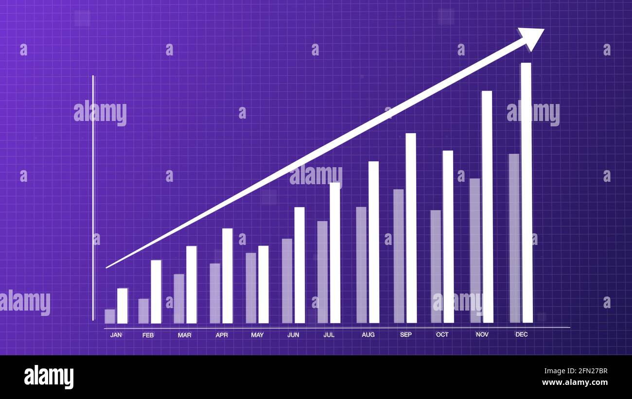 3D rendering illustration of blue and purple upwards bar graph showing ...