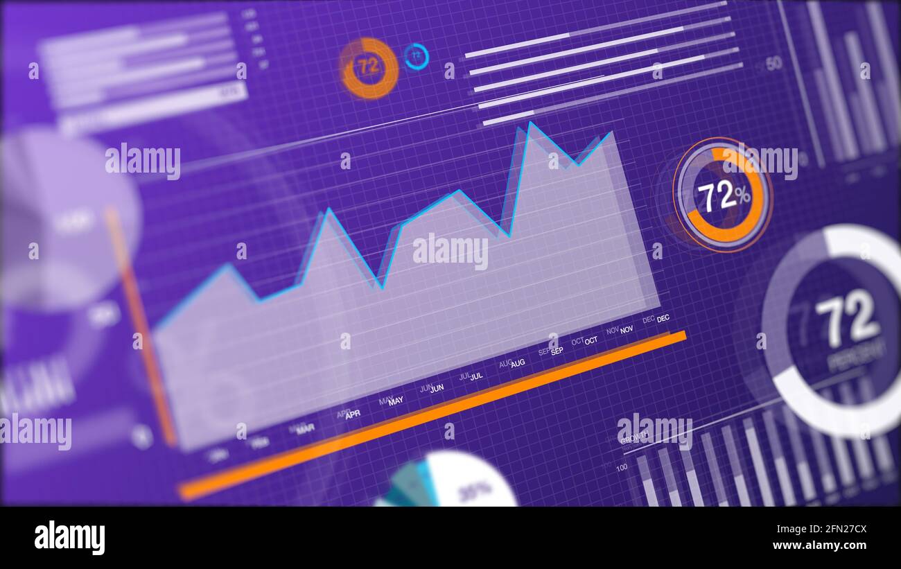 3D illustration rendering of purple and blue graphs and charts with ...