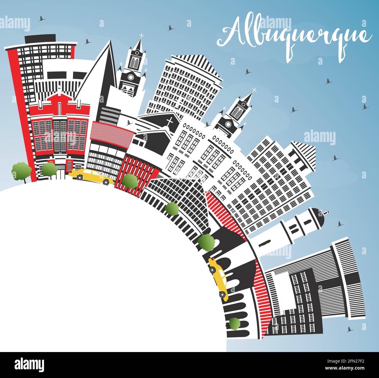 Albuquerque New Mexico City Skyline with Color Buildings, Blue Sky and ...