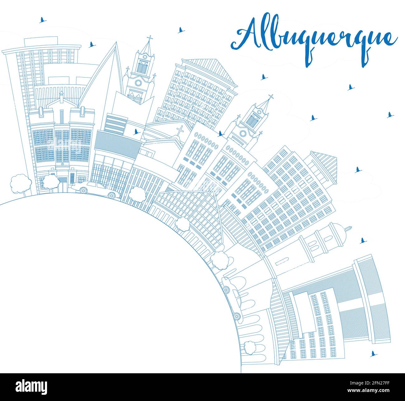 Outline Albuquerque New Mexico City Skyline with Blue Buildings and ...