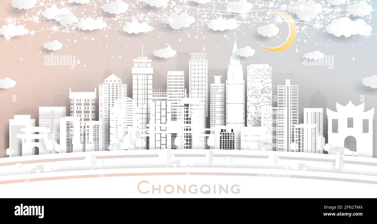 Chongqing China City Skyline in Paper Cut Style with White Buildings ...