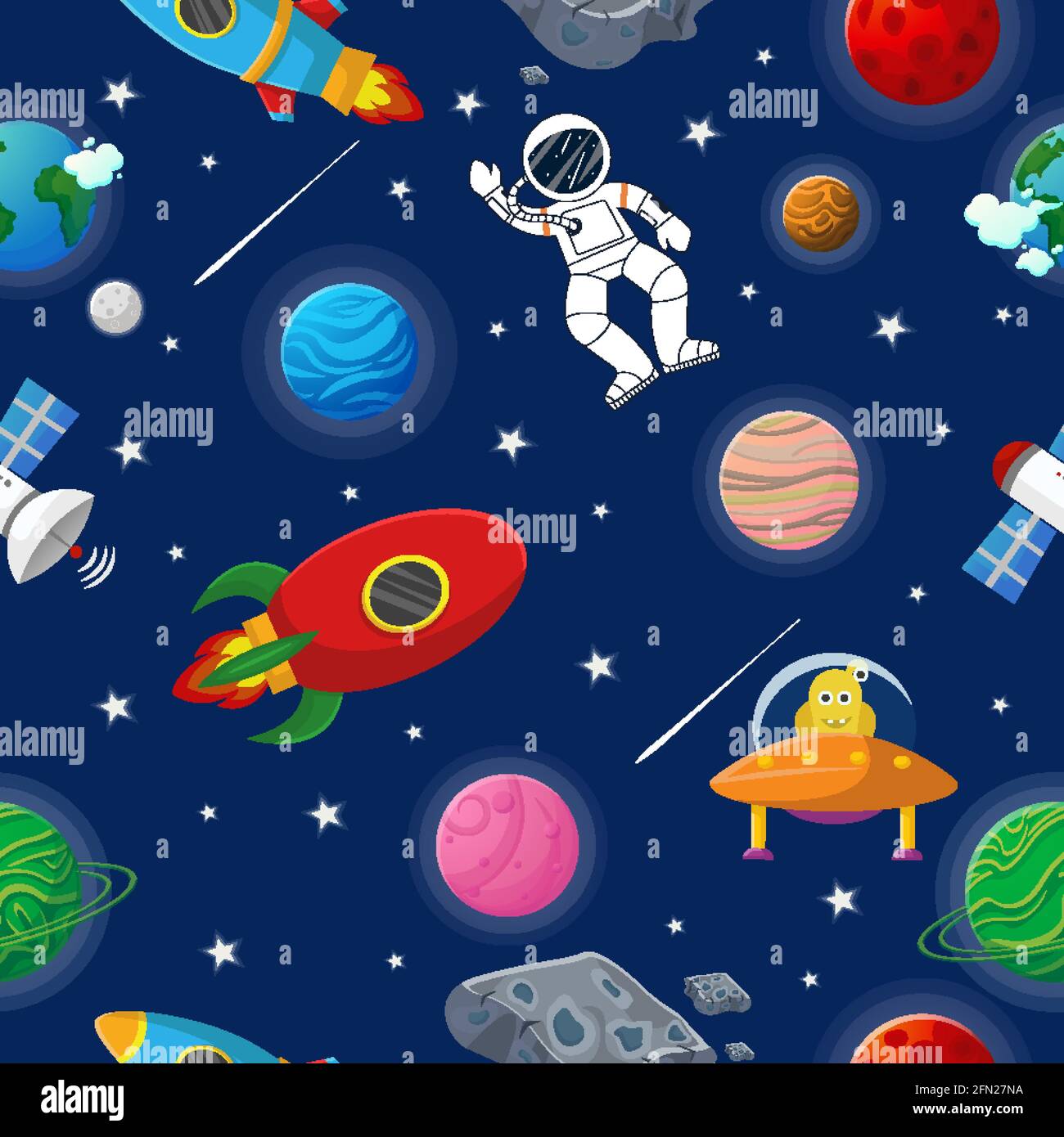 Space pattern with planets and stars. Astronaut with rocket and alien ...