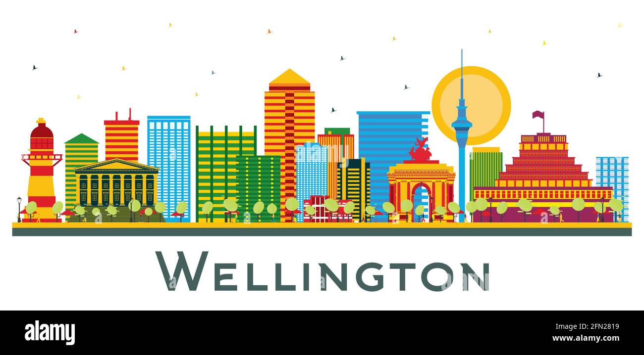 Wellington New Zealand City Skyline with Color Buildings Isolated on ...