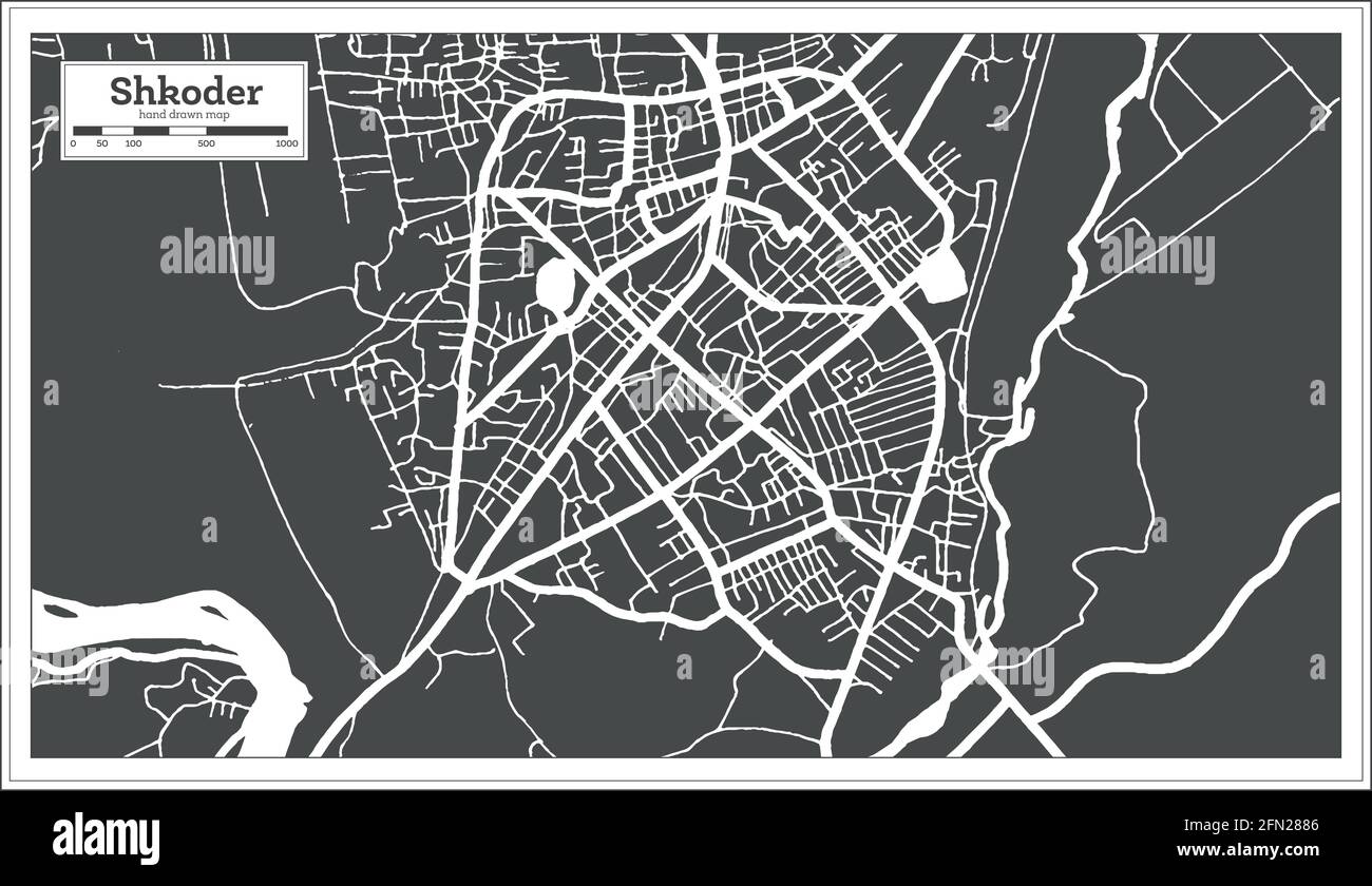 Shkoder Albania City Map in Black and White Color in Retro Style ...