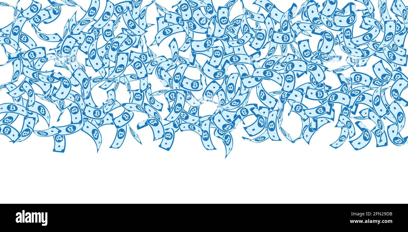 Bitcoin, internet currency notes falling. Floating BTC bills on white ...