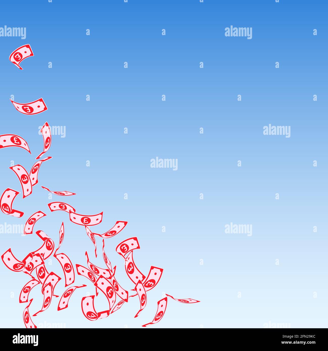 British pound notes falling. Sparse GBP bills on blue sky background ...