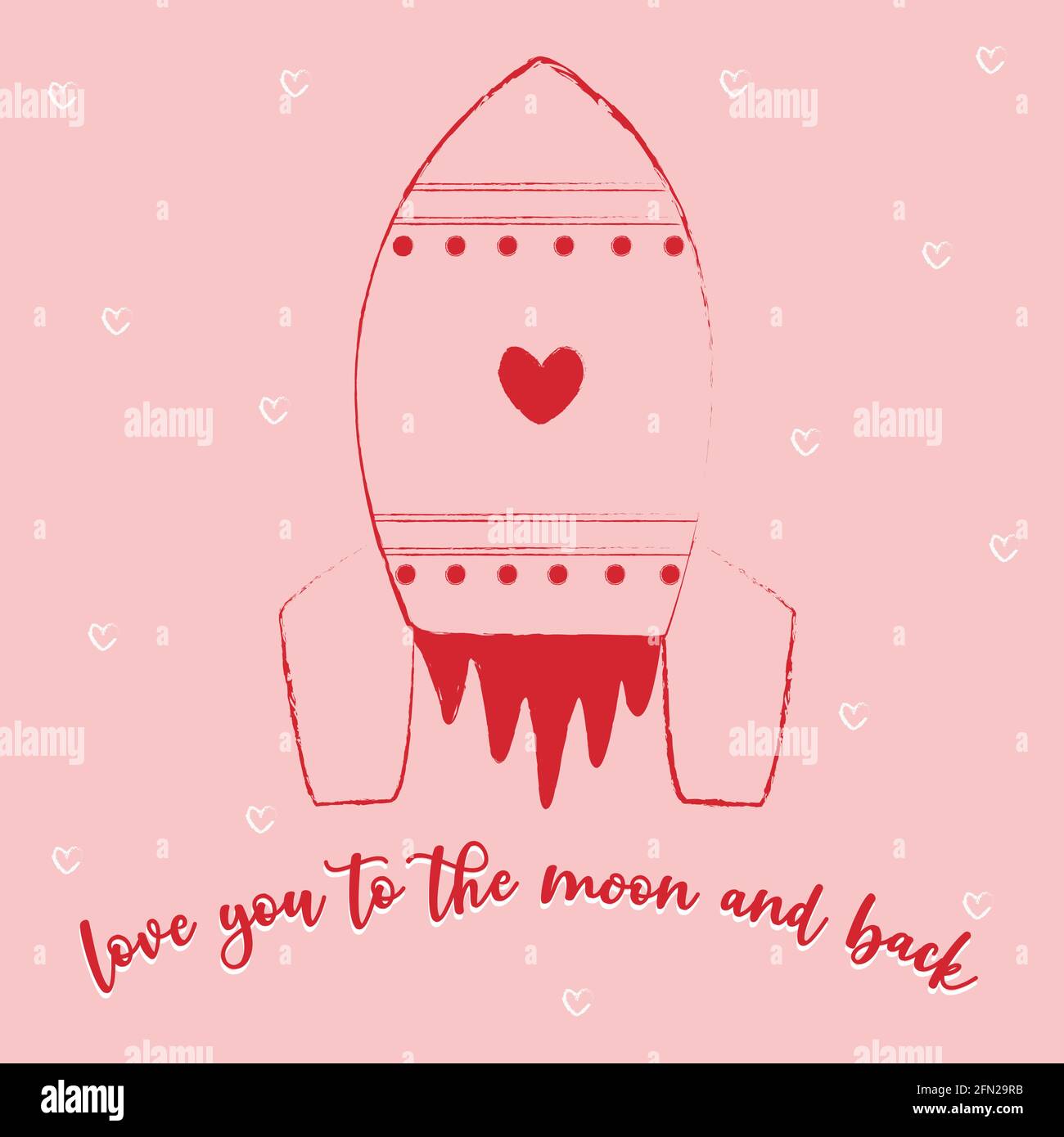 flat illustration of a valentine card with cute pink rocket and a ...