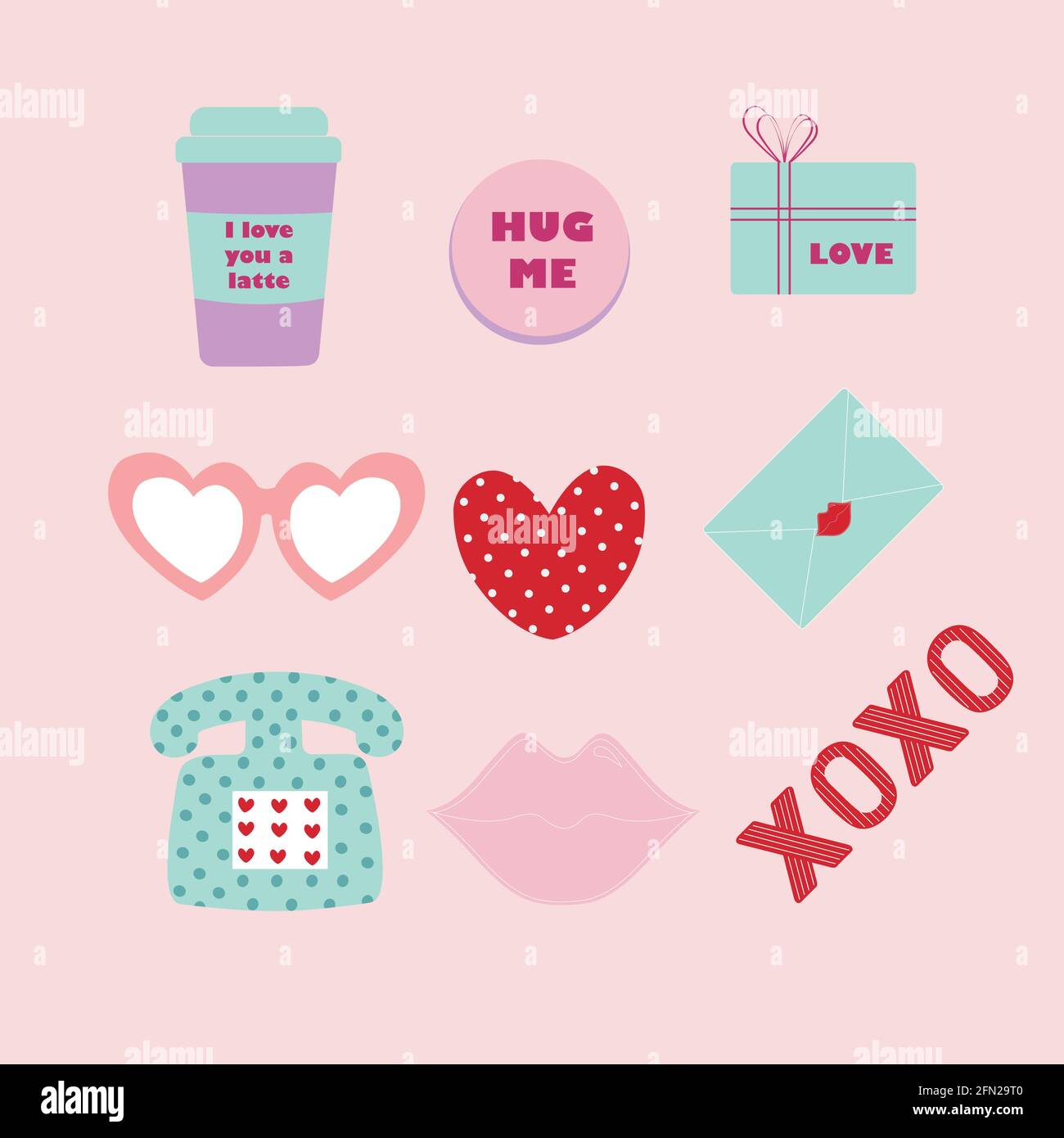 flat illustrations of cute valentine elements in pastel color Stock ...