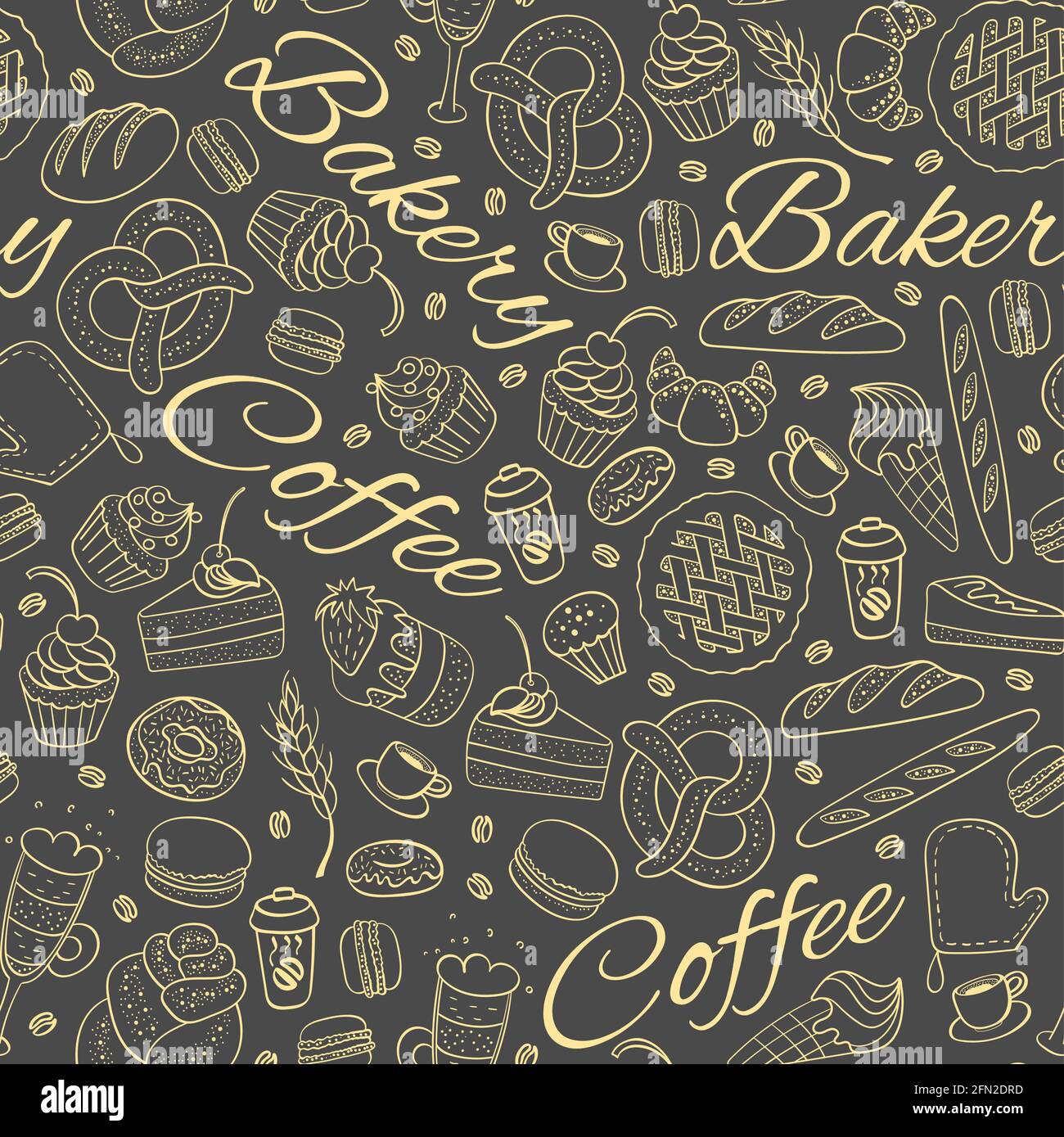 Bakery and coffee seamless pattern. Cafe and pastry hand drawn ...