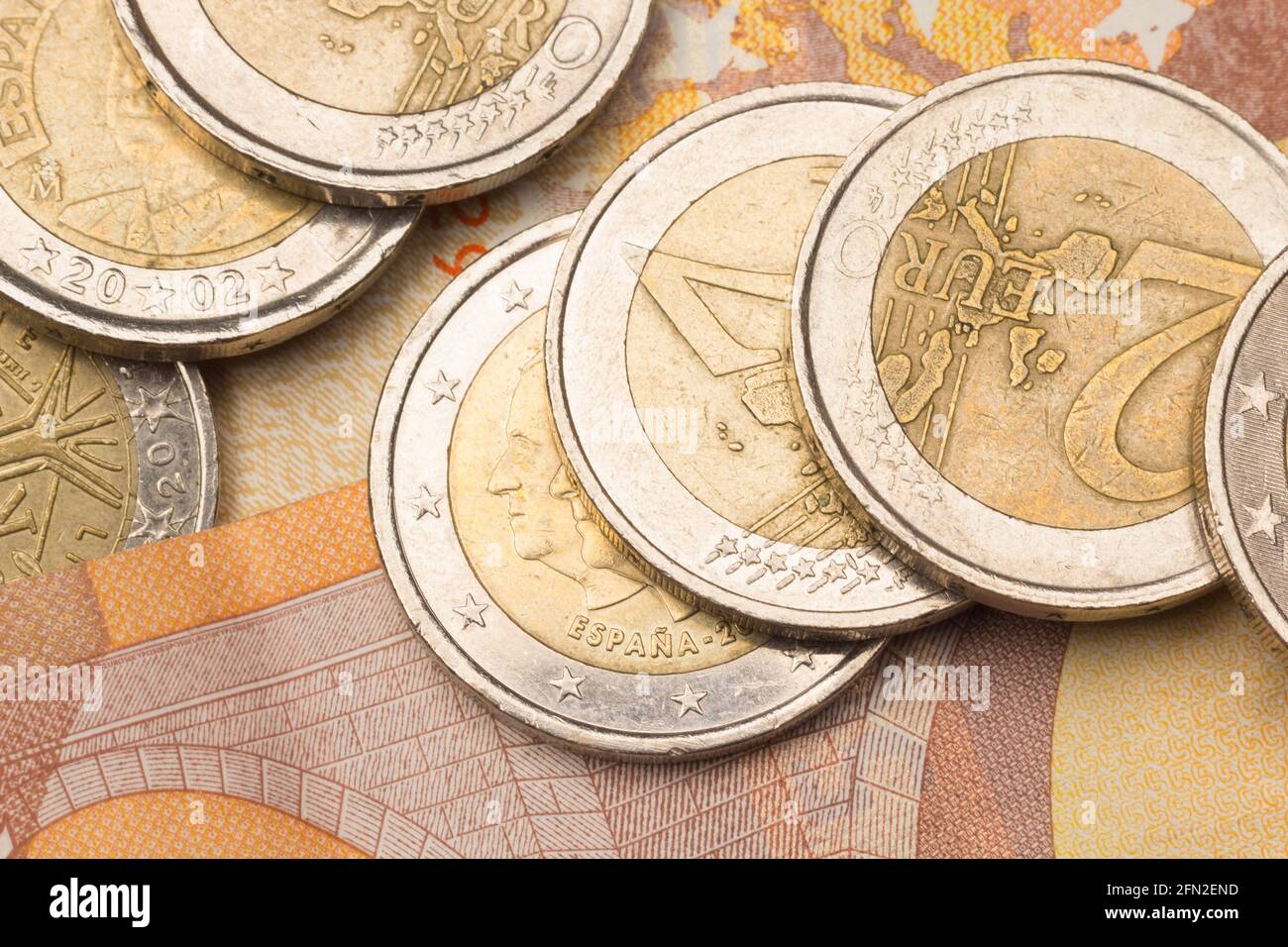 Euro coins and banknotes, close-up of the official currency of Europe ...