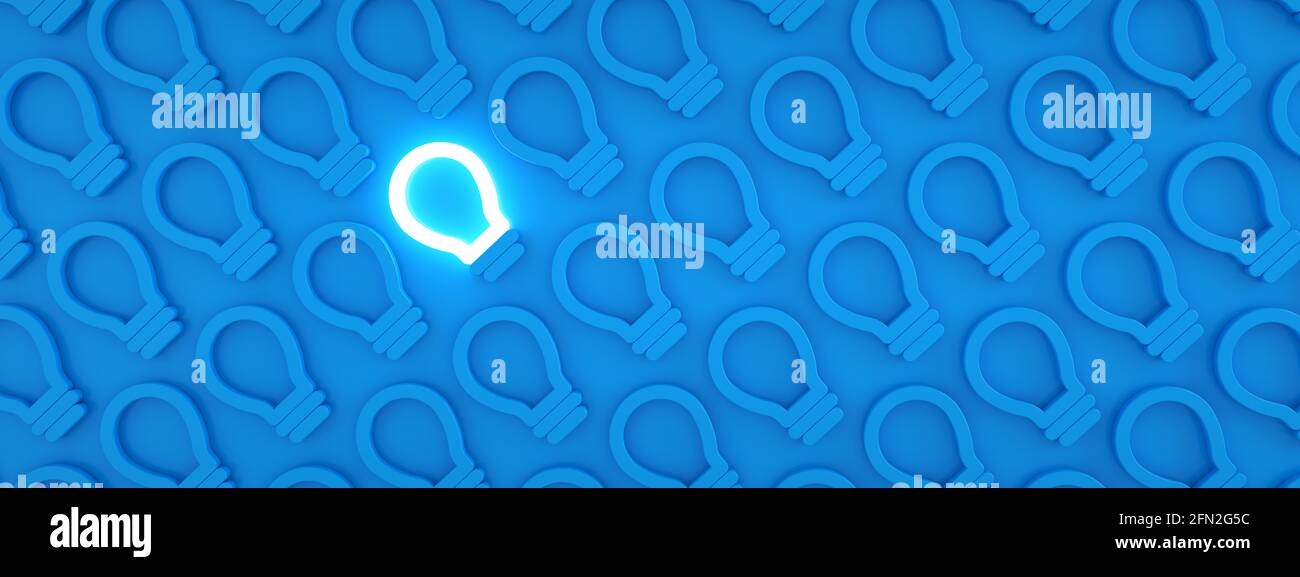 One glowing light bulb icon standing out from the unlit incandescent ...