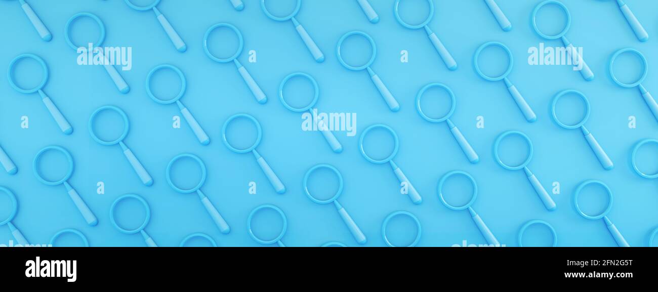 Magnifying glass pattern on light blue background, 3d render, panoramic ...
