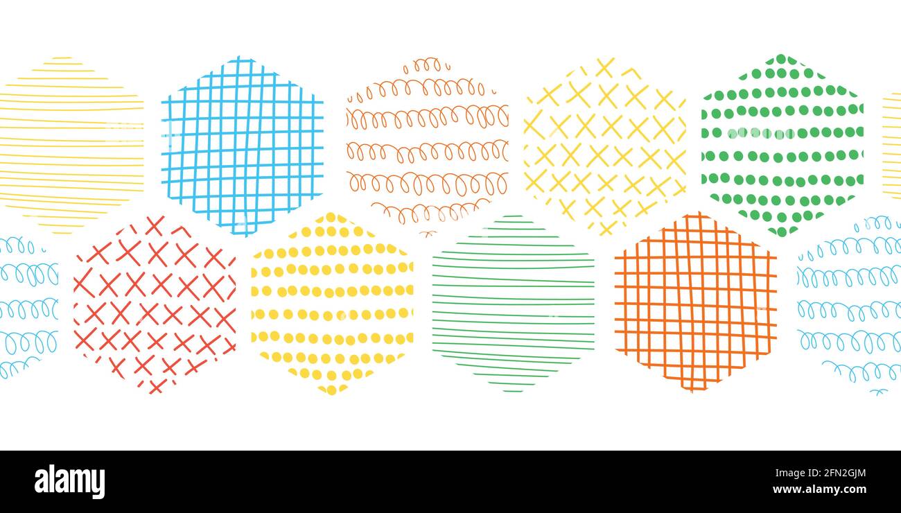Doodle Hexagon Seamless vector border. Colorful abstract Geometric ...