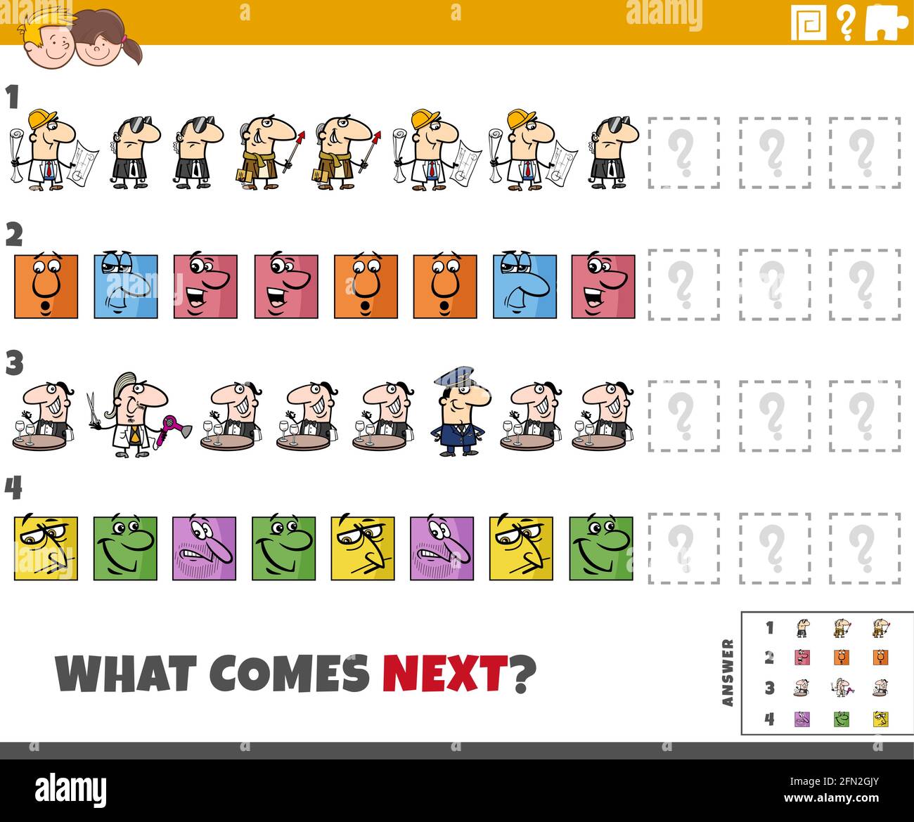 Cartoon illustration of completing the pattern educational game for ...