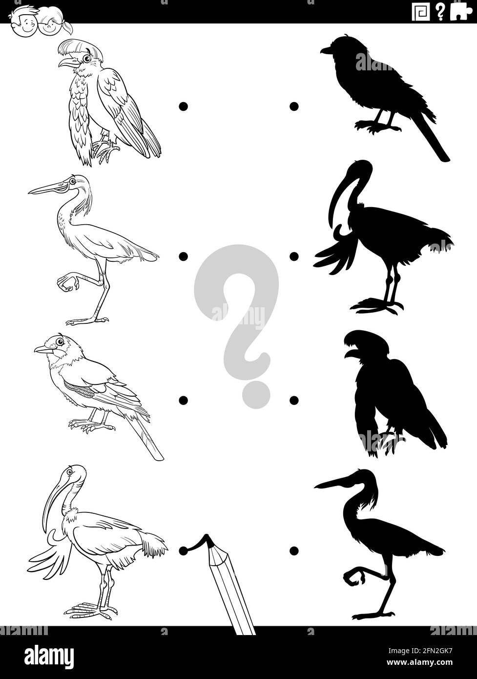 Black and white cartoon illustration of match the right shadows with ...