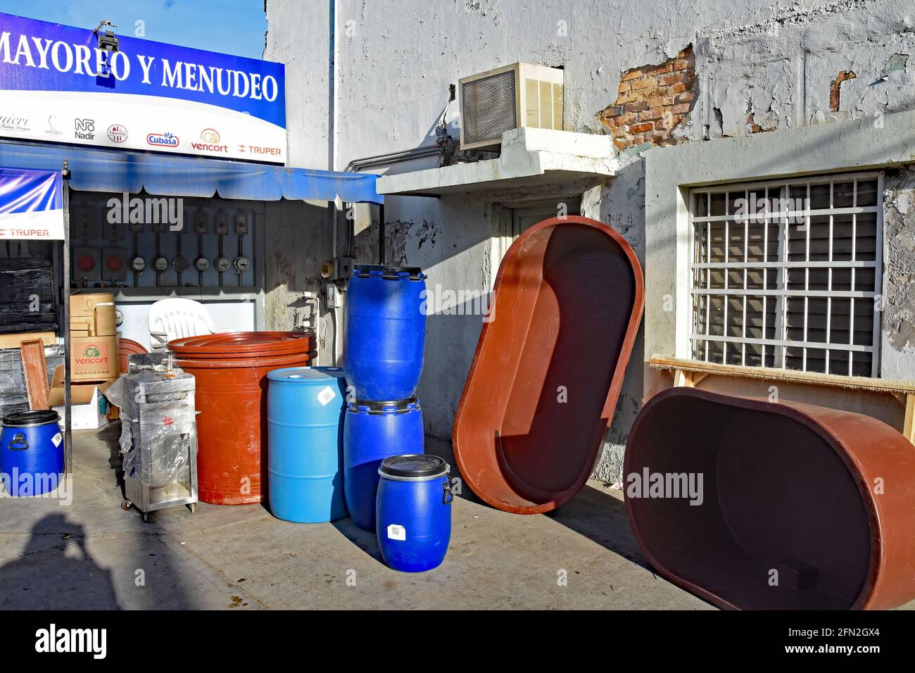 Culiacan, Sinaloa, April 2021 shops with barrels, often used to make ...