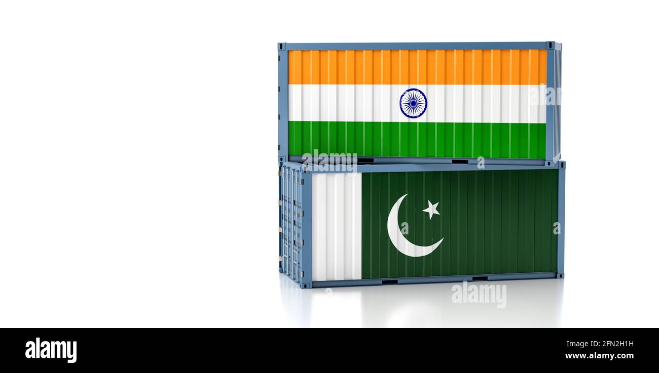 Two freight container with Pakistan and India flag. Copy space on the ...