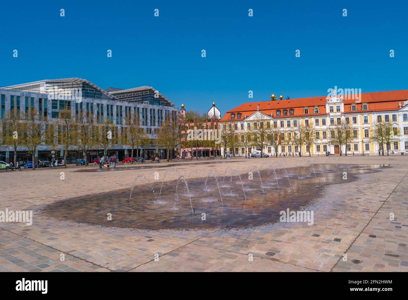 View over major square with fountains in Magdeburg by Cathedral and ...