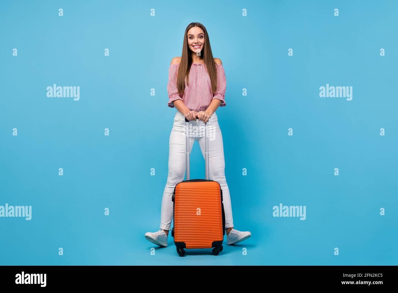 Full length body size view of lovely cheerful straight-haired girl ...