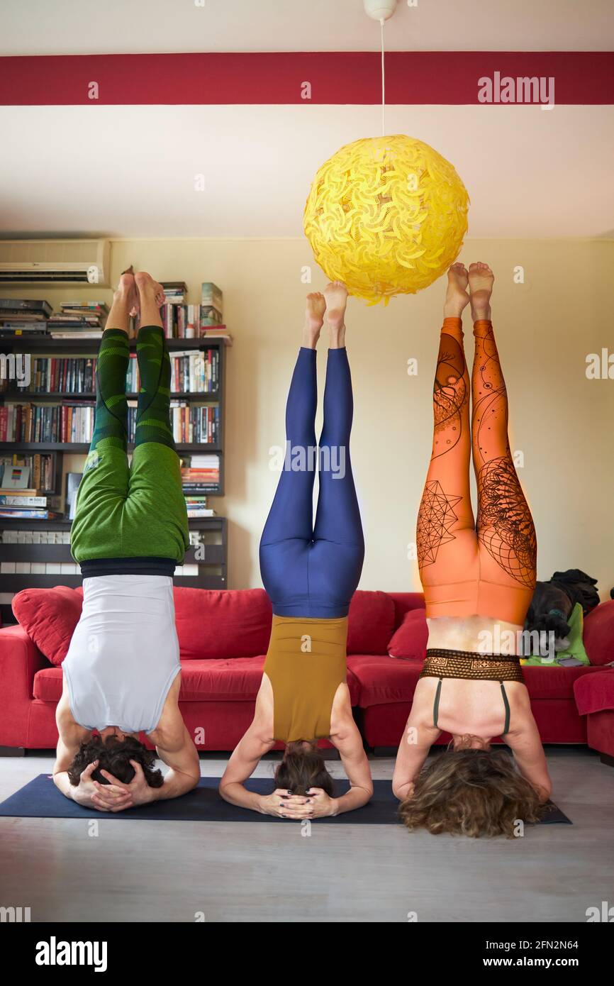 Three yogi practitioners in a headstand position Stock Photo - Alamy