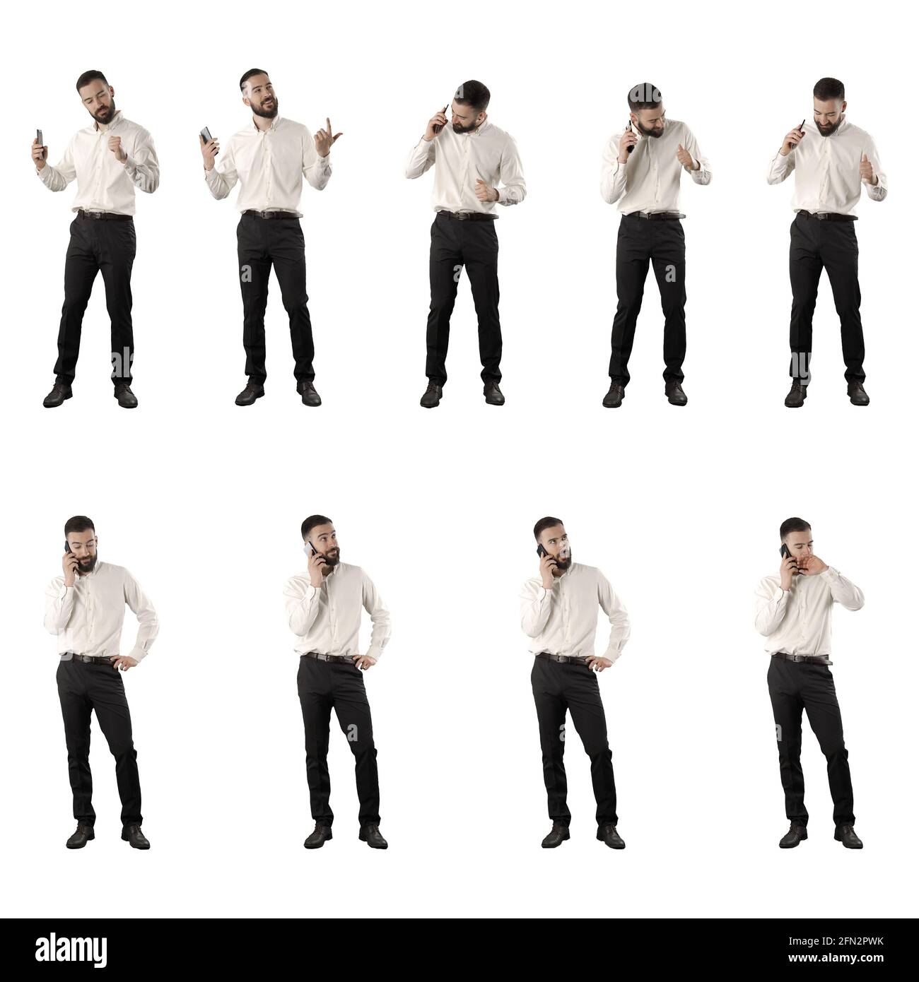 Collection of business man listening music and dancing then talking on ...