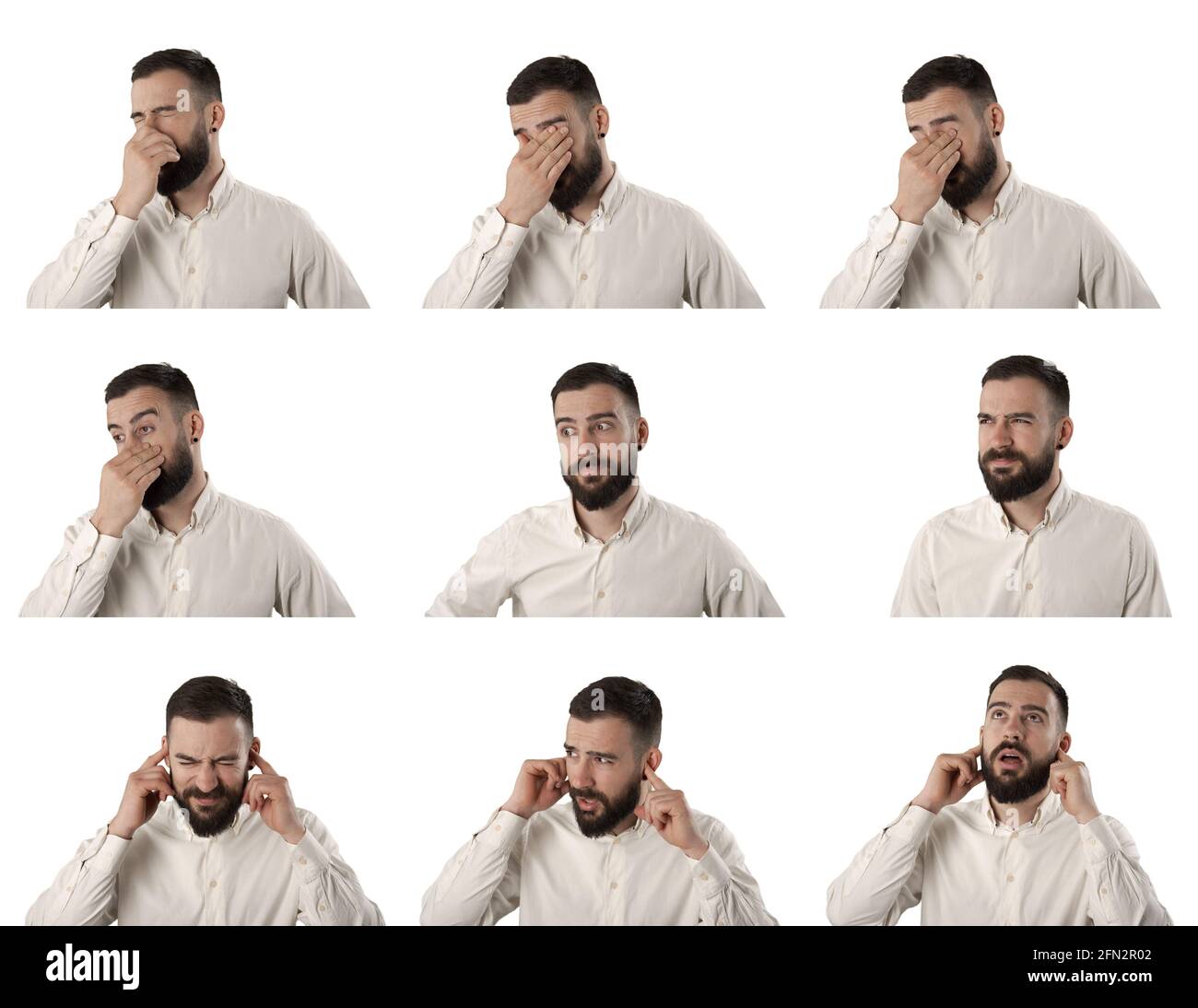 Set of business man expressions rubbing eyes tired puck ear because of ...