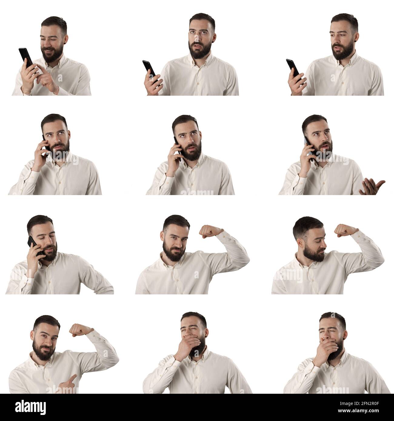 Set of displeased business man expressions on the phone, flexing bicep ...
