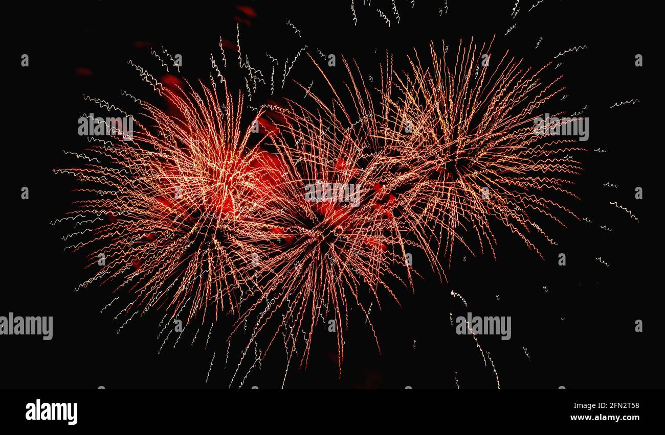 Bright festive fireworks against the night sky. Firework Fiery flowers ...