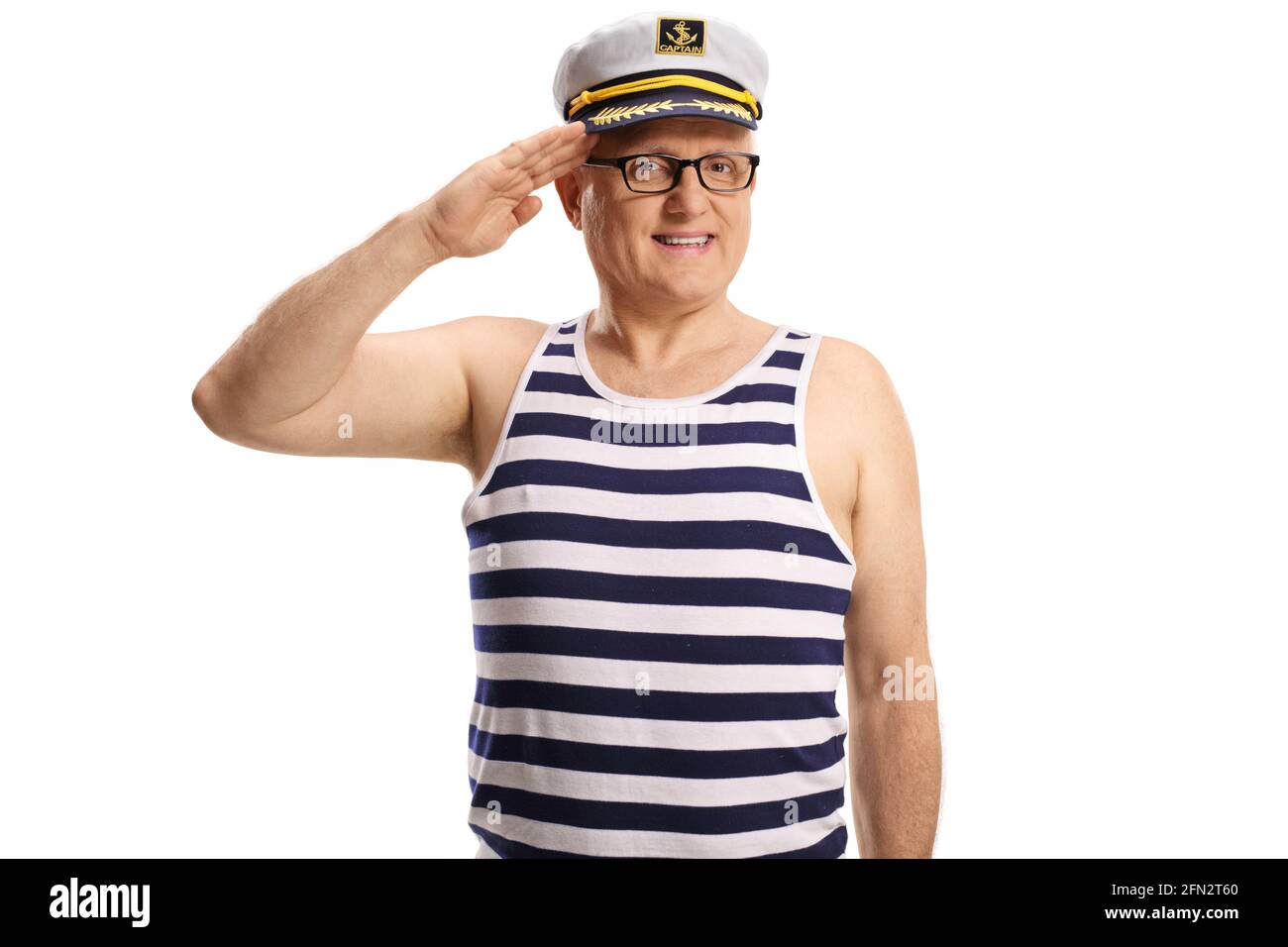 Mature sailor captain greeting with hand on his head isolated on white ...