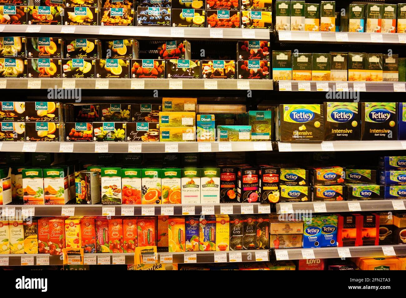 POZNAN, POLAND - Sep 17, 2013: Tea assortment on shelf at a supermarket ...