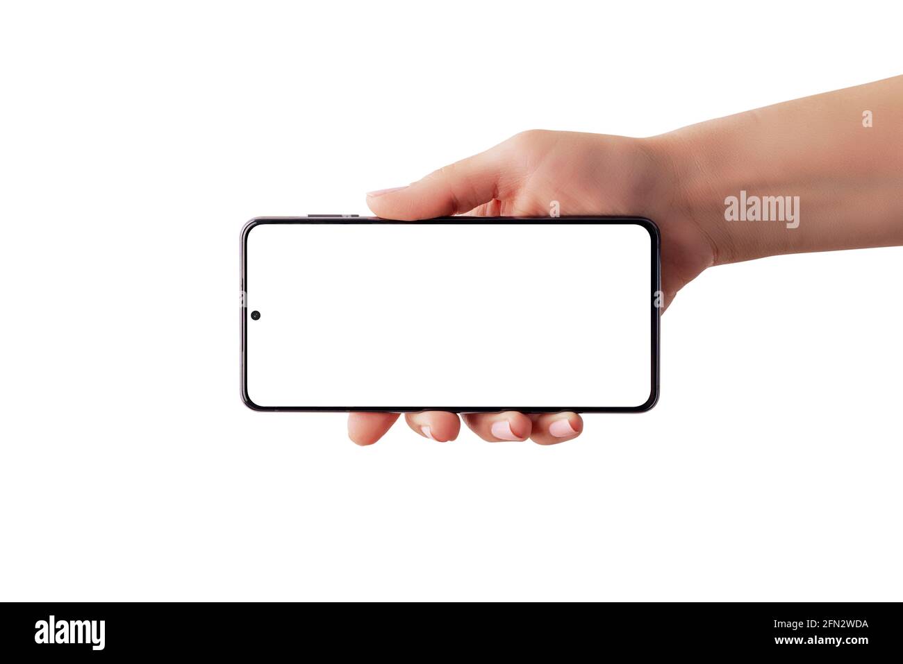 Isolated smart phone in woman hand in horizontal position. App or web ...