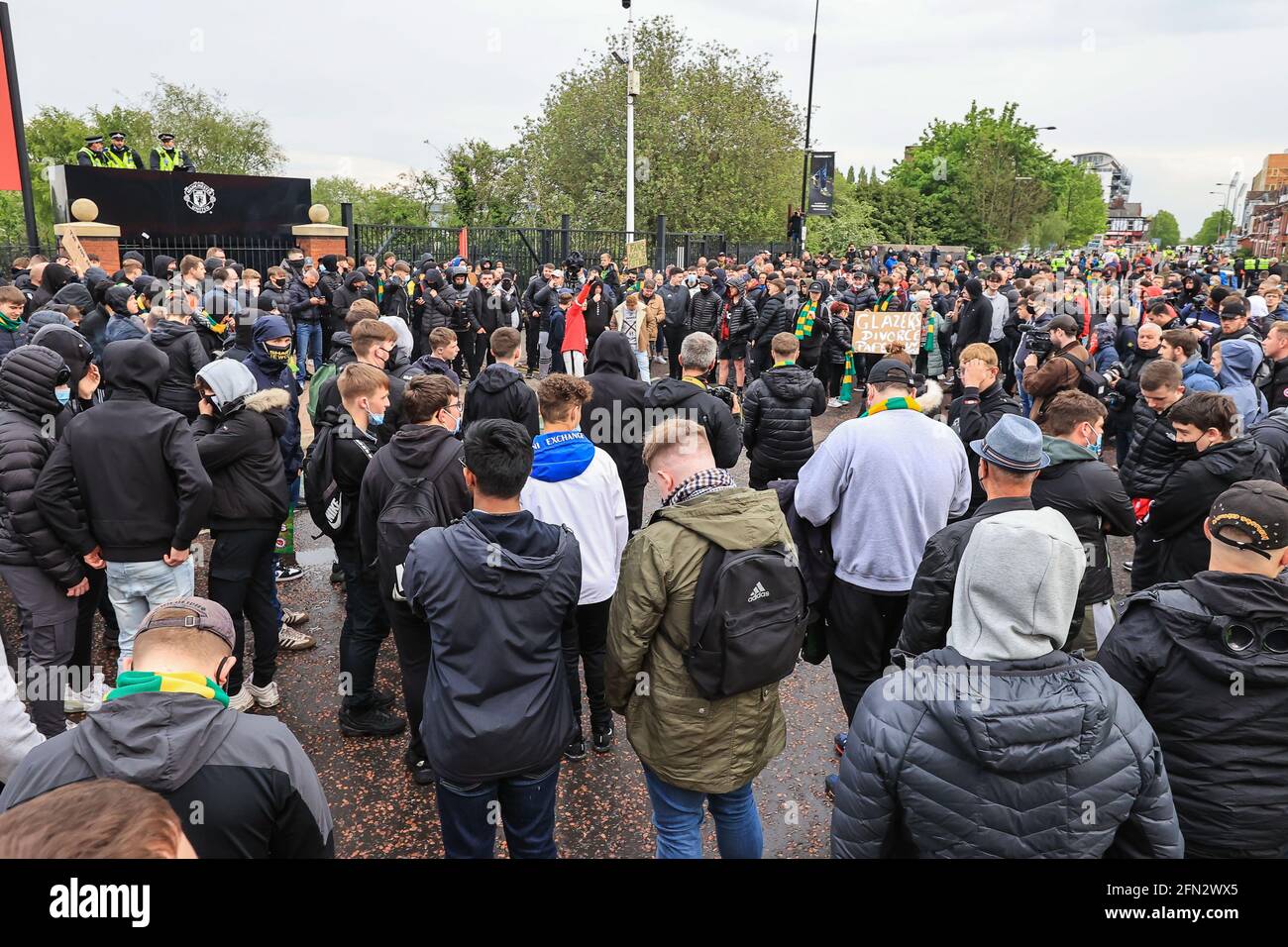 Fans gather outside Old Trafford and being to sing and chant in, on 5 ...