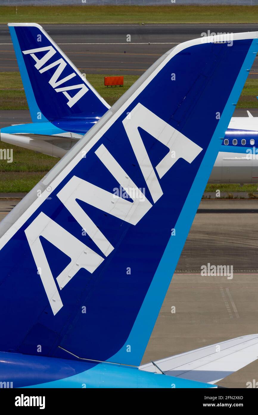The tail planes of two All Nippon Airways (ANA) jet airliners at Haneda ...