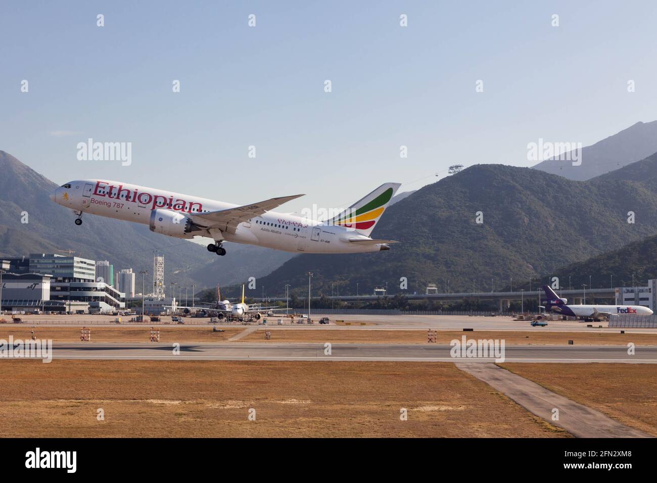 An Ethiopian Airways Boeing '787 takes of at Chek Lap Kok, International Airport. (Photo by ...