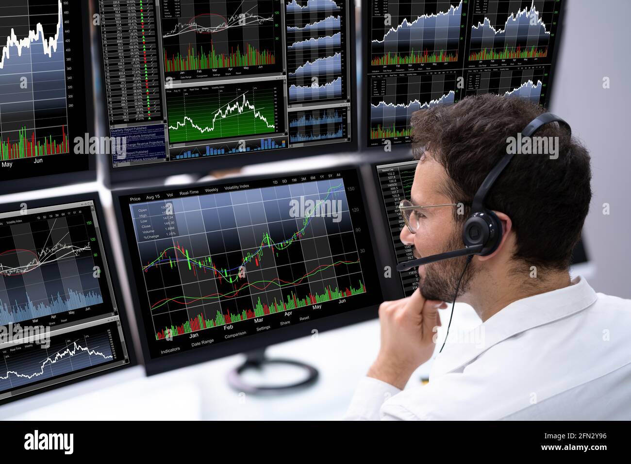 Stock Trader Man Using Multiple Computer Monitors Stock Photo - Alamy