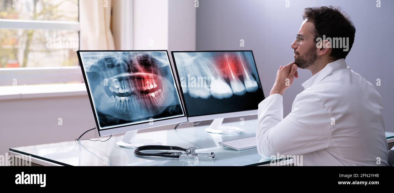 Radiologist Dentist Using X Ray Software On Desktop Computer Stock ...