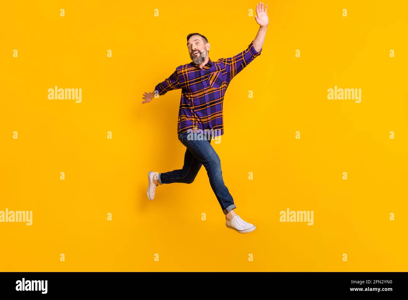 Full length body size view of attractive funky cheerful guy jumping ...