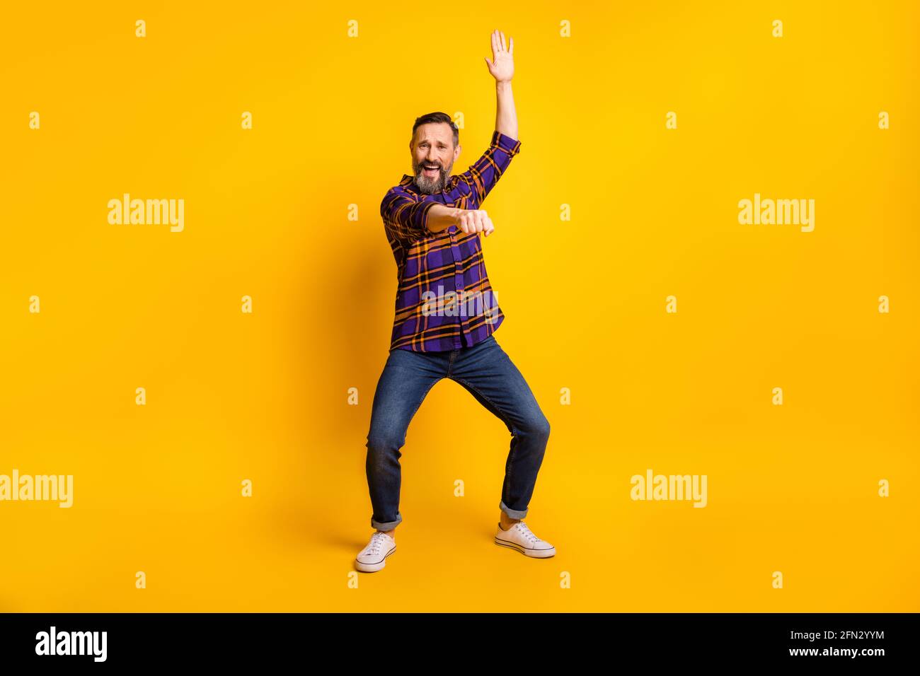 Full length photo of funky charming mature man dance cowboy rodeo rider ...