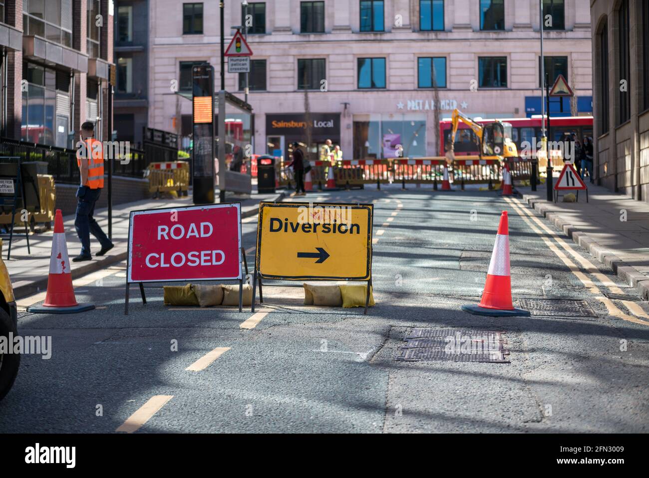 Road closed and Diversion signs at a roadworks closure near Colmore Row ...