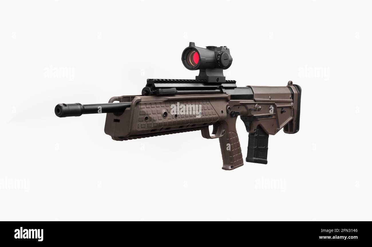 A modern automatic bullpup carbine with a telescopic sight. Weapons for ...