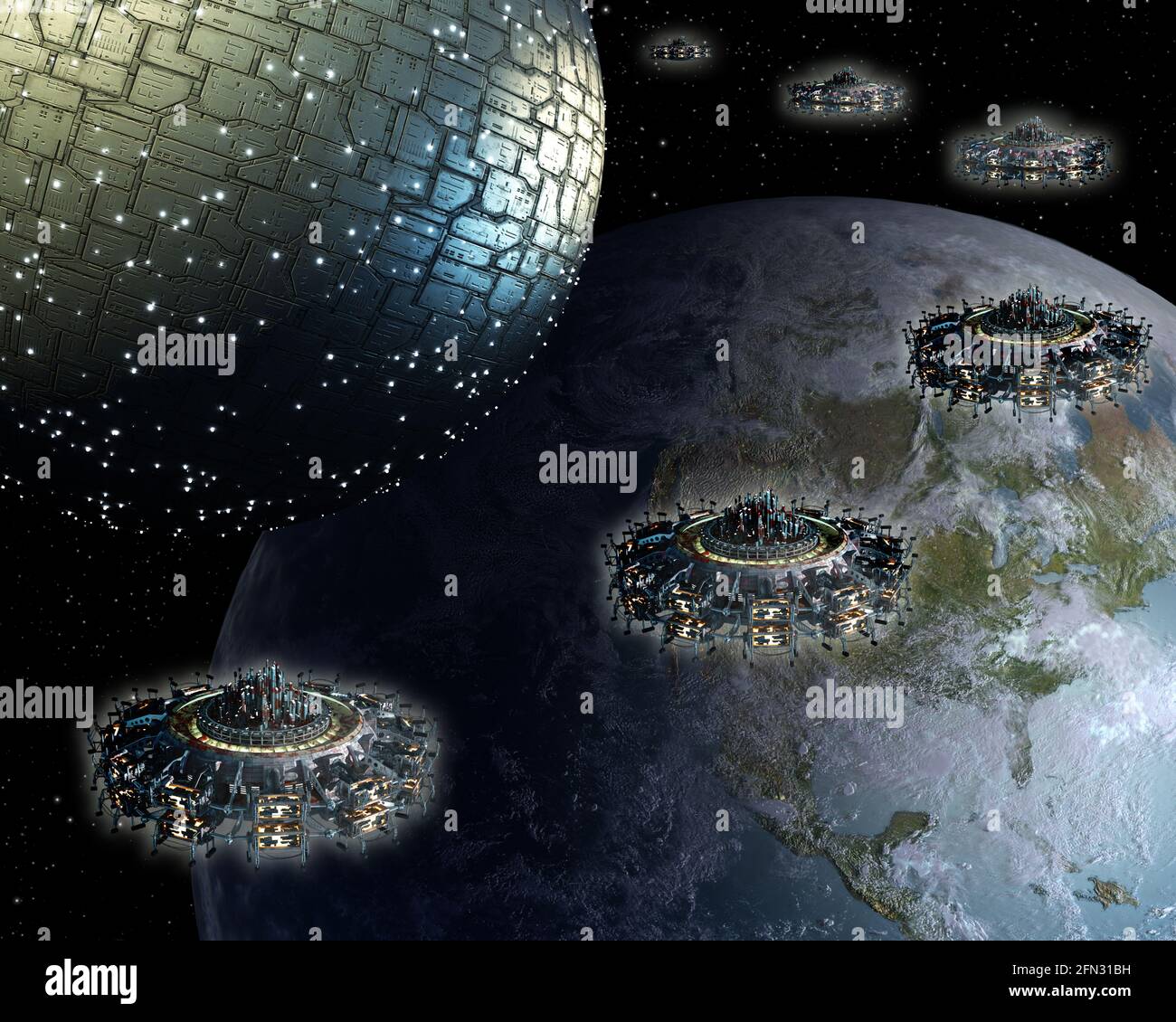 3D spherical spaceship and UFO fleet approach Earth for futuristic deep ...