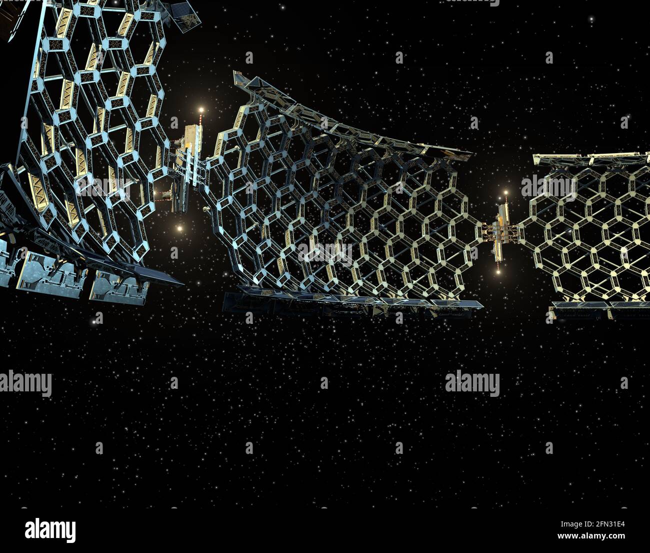 3D giant space-ring spaceship forming a hexagonal mesh honeycomb ...