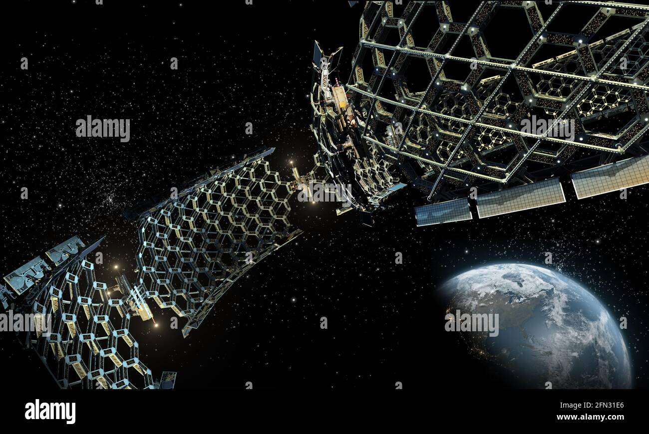 3D hexagonal mesh spaceship forming a honeycomb structure approaches ...