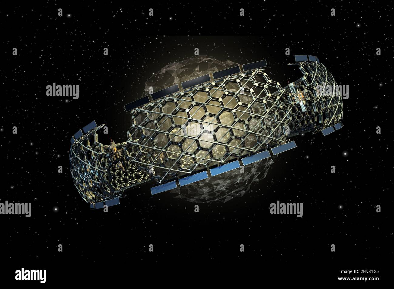 3D Rendering of a giant honeycomb mesh spaceship with an energy source ...