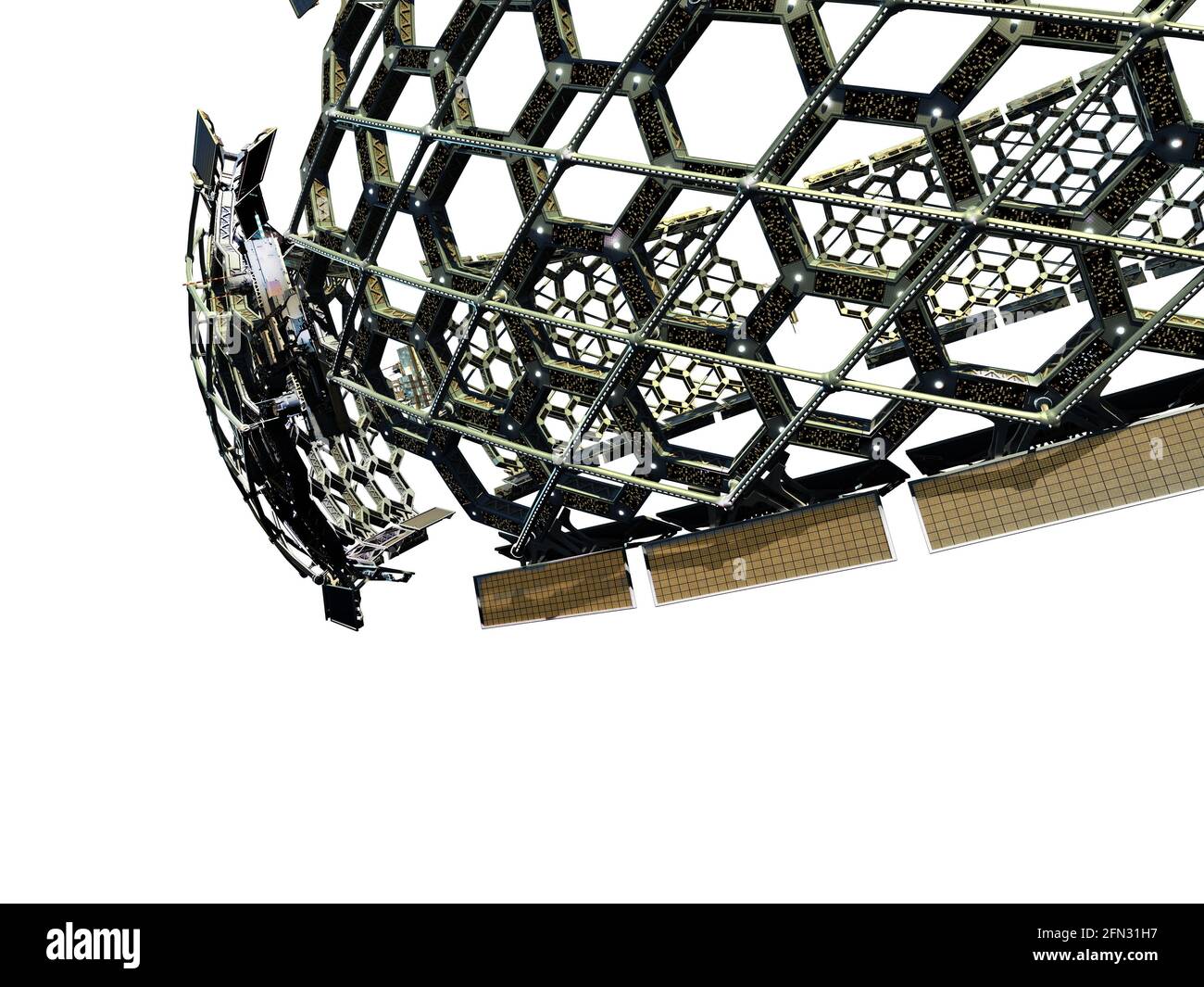 3D rendered hexagonal mesh space station isolated on white, with ...