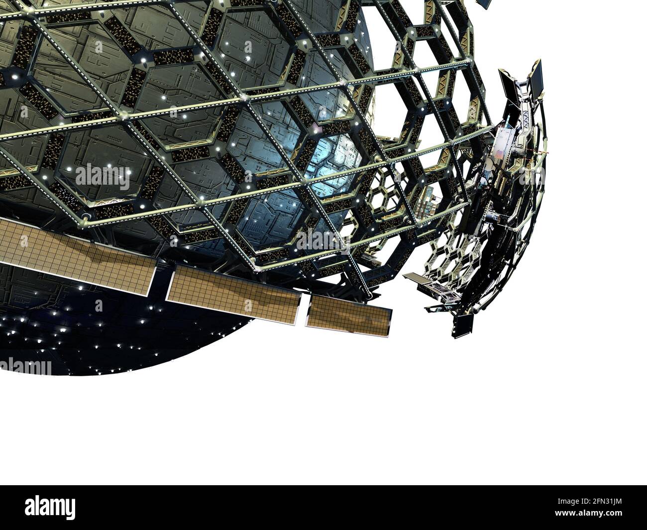 3D Illustration of a honeycomb structure around a spacecraft sphere ...