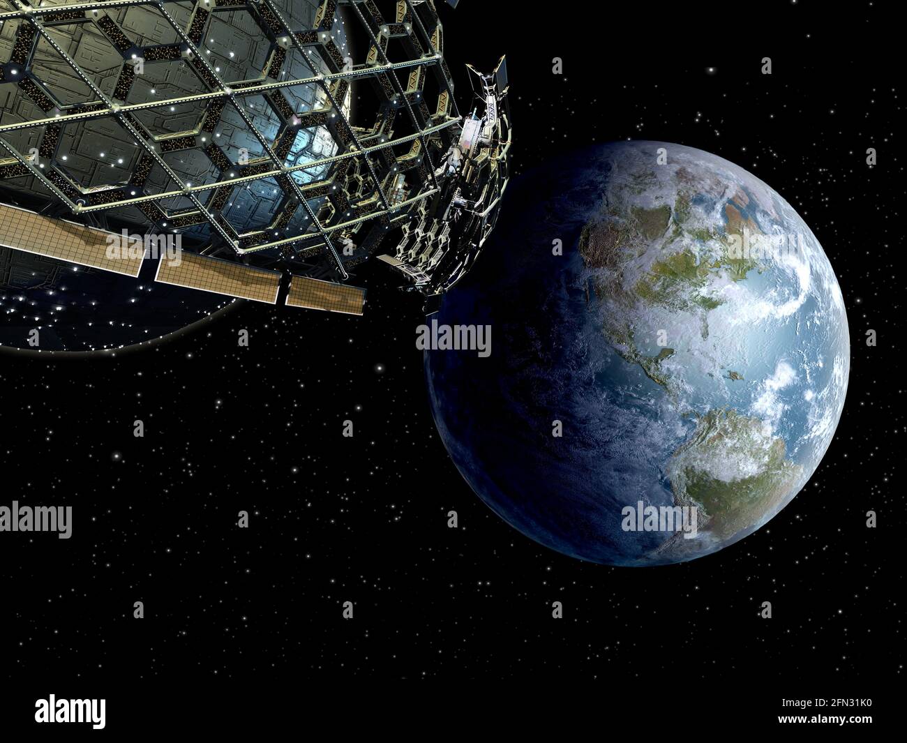 3D Rendering of giant honeycomb structure surrounding a spherical ...